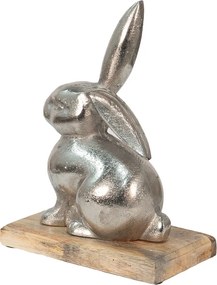 Dekorace stříbrný kovový králík na dřevěném podstavci - 21*11*28 cm
