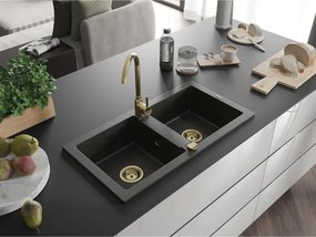 Mexen Mario, granitový dřez 820x436x161 mm, 2-komorový, černá-zlatá metalíza se zlatým sifonem, 6504822000-75-G