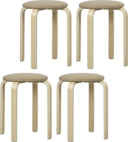 HOMCOM Set 4 Skládacích Kulatých Dřevěných Stoliček s Polstrovaným Sedadlem do Kuchyně, Obývacího Pokoj, Ložnice a Kanceláře Khaki a Přírodní | Aosom