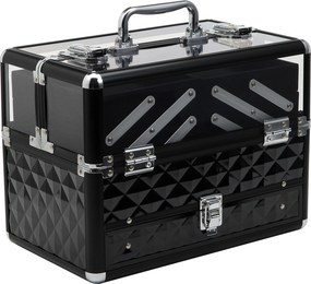 HOMCOM Organizér na make-up a šperky, přenosný, víceúrovňový s rukojetí a skládacími přihrádkami, hliníková slitina, 30x18,5x22 cm, průhledný a černý