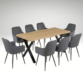 Vikio Jídelní set pro 8 osob 180x90 cm soft dub noha X šedá židle s područkami VJS228-8S