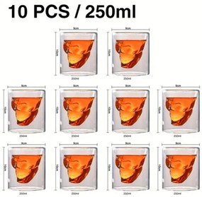 Panákové sklenice ve tvaru lebky Set: 10 ks 250 ml