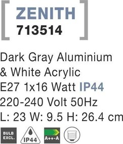 NV 713514 Venkovní nástěnné svítidlo ZENITH tmavě šedý hliník bílý akrylový difuzor E27 1x12W 220-240V bez žárovky IP44 - NOVA LUCE