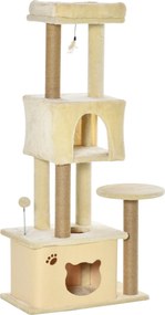 PawHut Velký Škrabací Strom pro Kočky 60x34x136 cm s Platformami, Hřejivými Jeskyněmi, Odnímatelnými Jutovými Sloupky a Visacím Míčkem Bežová | Aosom