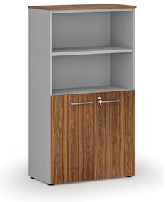 Kombinovaná kancelářská skříň PRIMO GRAY, dveře na 2 patra, 800 x 420 x 1434 mm, šedá/ořech