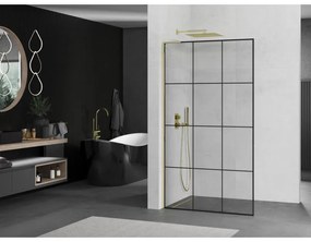 Mexen Kioto L, sprchová zástěna Walk-In 120 x 200 cm, 8mm čiré sklo černý vzor, ​​zlatý lesklý profil, 800-120-103-50-77