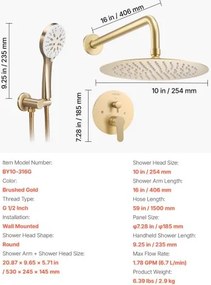 Sprchová baterie VEVOR, 254 mm – Kartáčované zlato