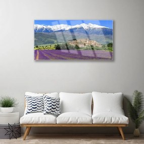 Obraz na skle Louka Květiny Hory Krajina 125x50 cm