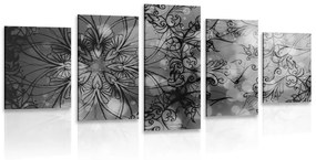 5-dílný obraz květinová Mandala v černobílém provedení - 200x100 cm