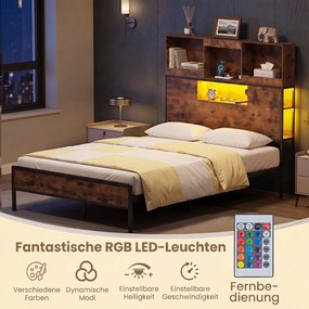 Costway Kovová postel 140 × 220 cm s LED a nabíjením, hnědá