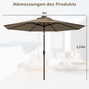 Costway LED osvětlení konzolový deštník kulatý solární klika hnědá průměr 3 M