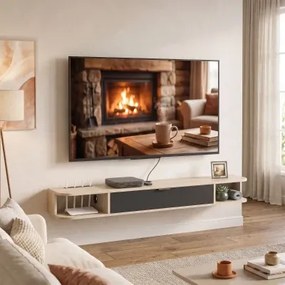 HOMCOM Závěsný TV nábytek, TV nábytek pro televize až do 152,4 cm (60 palců), výklopná zásuvka, 2 police, 140x24x16 cm, přírodní dřevo