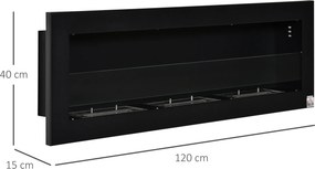 HOMCOM Ethanolový krb Bio-Ethanol hořák 3 hořáky 1 l 3 hodiny doba hoření 2000 W bez kouře, nástěnný, ocel, tvrzené sklo, černá, 120 x 15 x 40 cm