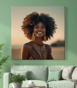 Obraz na plátně - Africká žena Chipo s afrem na pláži FeelHappy.cz Velikost obrazu: 100 x 100 cm