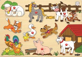 WOODY DŘEVO Baby puzzle vkládací zvířata 9 dílků s úchyty na desce 91905