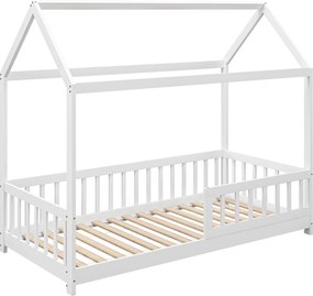 HOMCOM Montessori Dětská postel, 90x190 cm, dětská postel ve tvaru domu s 15 laťkami, rám z borového dřeva a ochranné zábrany do ložnice, bílá | Aosom