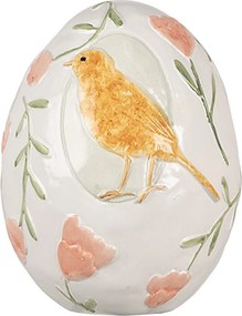 Dekorace bílé vajíčko s květy a ptáčkem - Ø 13*16 cm