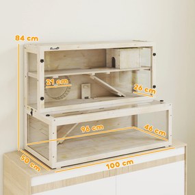 PawHut dřevěná klec pro křečky, 100 × 50 × 84 cm – 3patrový domek pro malé hlodavce s okénkem, běhacím kolem, rampou a domečkem – přírodní dřevo