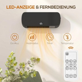 HOMCOM Topný ventilátor na stěnu 2000W s dálkovým ovládáním, 2 topné režimy, LED displej, 12hodinový časovač pro koupelnu 820-254V90BK