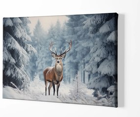 Obraz na plátně - Jelen pozoruje okolí v zimním jehličnatém lese FeelHappy.cz Velikost obrazu: 120 x 80 cm