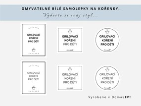 GRILOVACÍ KOŘENÍ PRO DĚTI - omyvatelná samolepka na kořenky, výběr rozměrů Ø 5 cm / 5 x 5 cm / 6 x 8 cm | DomaLEP tvar: KOLEČKO, barva: BÍLÁ - ČERNÉ písmo, velikost: Ø 5 cm - tučné písmo