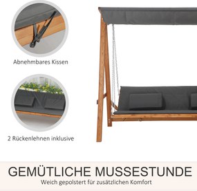 Outsunny Hollywoodská houpačka pro 3 osoby s funkcí lůžka, zahradní houpačka se stříškou, borovicové dřevo v šedé barvě a teak, 225,5x113x180cm