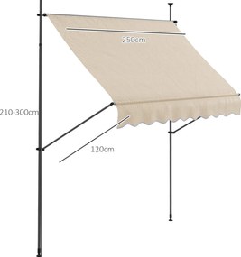 Outsunny Volně stojící ručně ovládaná zatahovací markýza 2,5L x 1,2W x 2,1-3H m s nastavitelným sklonem pro balkon bez vrtání děr - Hliník, kov, polye