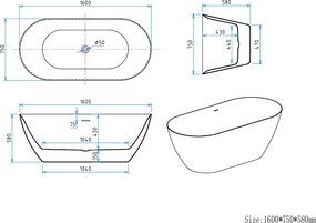 Erga Kaia, volně stojící vana 160x75 cm + odtoková zátka, bílá lesklá, ERG-Kaia-160075-WH-WH
