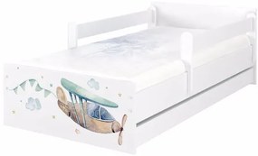 Dětská postel Max XL Domečky a letadlo 180x90 cm - Bílá - 2x krátká zábrana se šuplíkem