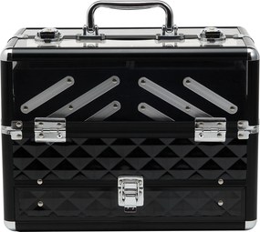 HOMCOM Organizér na make-up a šperky, přenosný, víceúrovňový s rukojetí a skládacími přihrádkami, hliníková slitina, 30x18,5x22 cm, průhledný a černý