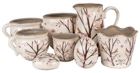 Béžový keramický obal na květináč s keři, šípky a ptáčky Satin s uchem – 17x14x12 cm