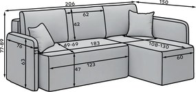 Světle šedá sametová rozkládací/s úložným prostorem rohová pohovka (pravý roh/s lenoškou) Hadson – ELTAP