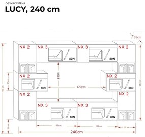 Ral Obývací stěna LUCY 2, 240 cm - Černo/bílý lesk