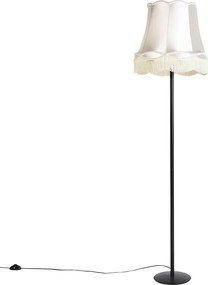 Retro stojací lampa černá s babičkovským stínítkem krémová 45 cm - Simplo