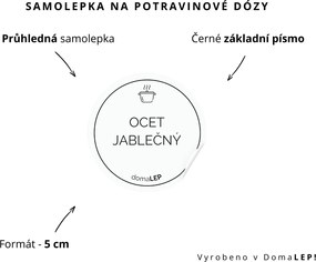 OCET JABLEČNÝ - omyvatelná samolepka na dózu, výběr rozměrů Ø 5 cm / 5 x 5 cm / 6 x 8 cm | DomaLEP tvar: KOLEČKO, barva: PRŮHLEDNÁ - ČERNÉ písmo, velikost: Ø 5 cm - základní písmo