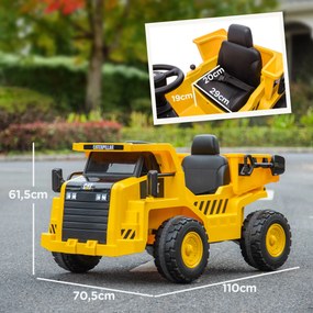 AIYAPLAY dětský elektrický bagr, nosnost 30 kg, s dálkovým ovládáním, lžící, lopatou, reproduktorem, světlometem, pro 3-7 let, žlutý| Aosom