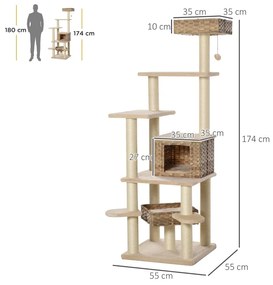 PawHut Premiové ratanové odpočívadlo a škrabadlo pro kočky s jeskyní a vyhlídkami, béžovo-hnědé, výška 174 cm D30-377