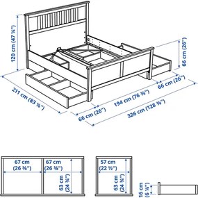 HEMNES Rám postele se 4 úl. díly, bílé mořidlo/Lönset, 180x200 cm