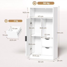 HOMCOM úzká koupelnová skříňka s šuplíky, otevřenými přihrádkami, bílá