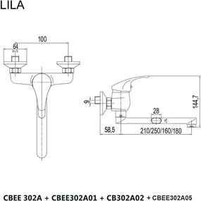 Mereo Mereo, Dřezová nástěnná baterie, Lila, s ramínkem plochým rovným, chrom, CBEE302A05