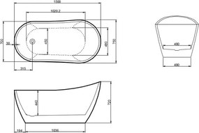 BPS-koupelny Volně stojící akrylátová vana HYD-FOR520A 150x75 bílá, odtokový komplet zlatý kartáčovaný