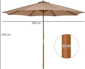 Outsunny slunečník dřevo 300 cm dřevěný slunečník zahradní slunečník balkonový slunečník bambus khaki | Aosom