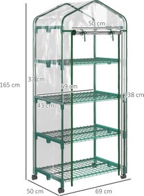 Fóliový skleník Outsunny s rolí, skleník se 4 policemi, fóliový skleník s ocelovým rámem, pro zahradu, balkon 69 x 50 x 165 cm, zelený