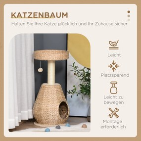 PawHut Kočičí strom s škrabadlem, nábytek pro koťata, s kočičí jeskyní, kuličkovým hračkem, sisal, měkký plush, výška 82,5 cm, žlutý