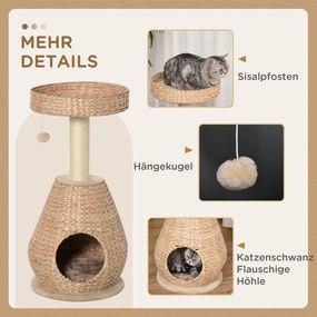 PawHut Kočičí strom s škrabadlem, nábytek pro koťata, s kočičí jeskyní, kuličkovým hračkem, sisal, měkký plush, výška 82,5 cm, žlutý