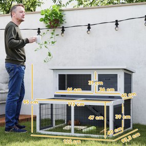 PawHut Kotec pro králíky 2 patra se skládací střechou, dřevěná králičí klec, zimní dvoupodlažní dům s výběhem 122x95x93,5 cm, venkovní úkryt pro malé…