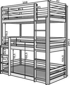 Třílůžková patrová postel TEDRO 200x90