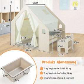Costway 6-IN-1 Dřevěný dětský stan s dětským stolkem a židlí a podložkou