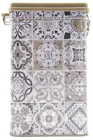 Plechová dóza Casa Decor, 500 g – lesklý povrch, se šedým vzorem Azulejo, s patentním uzávěrem, na kávu, bylinky a drobnosti