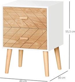 HOMCOM Noční stolek s 2 zásuvkami a zvýšenými nohami do ložnice 40x30x55,5 cm Bílý a přírodní